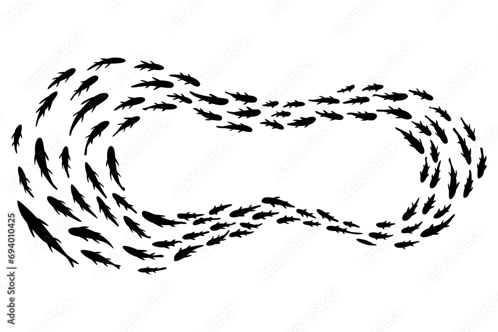 Fish school or shoal, silhouette. Shoal of fishes isolated on white ...