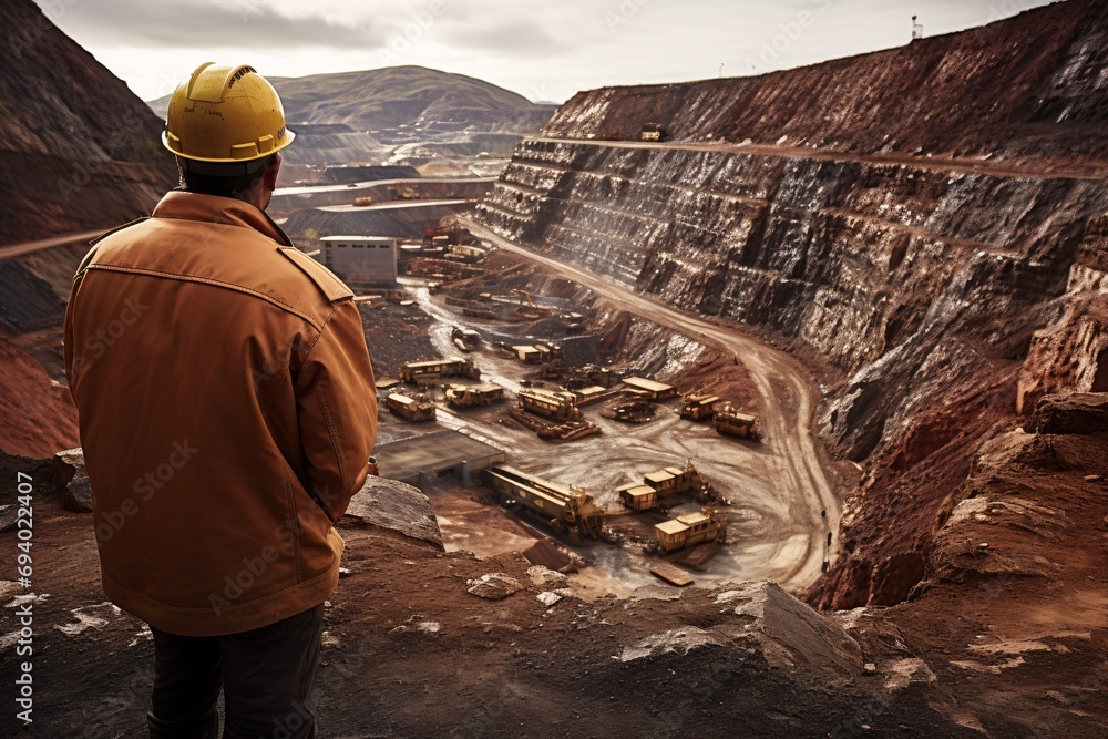 Employee of a copper quarry performing surface excavation mapping ...