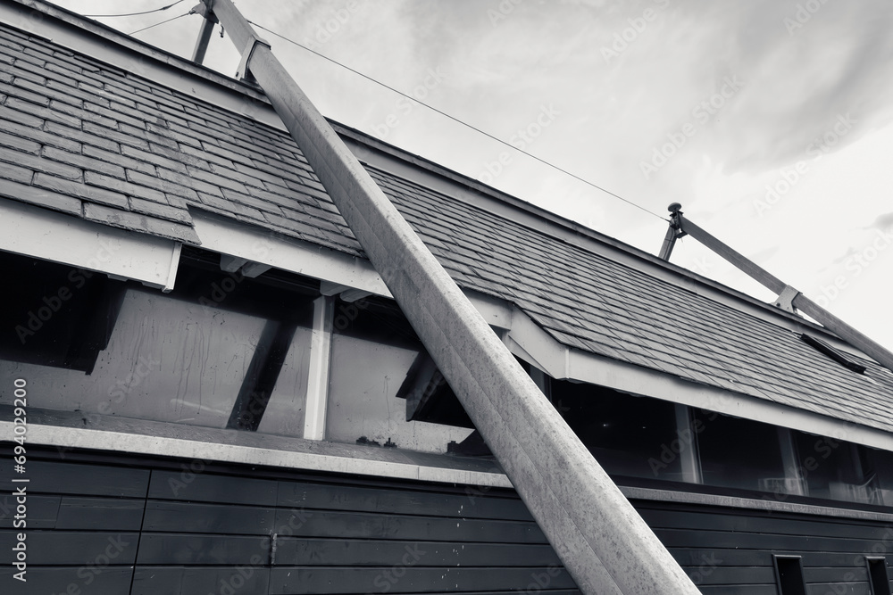 Abstract view of a modern coastal lifeboat house showing the metal ...