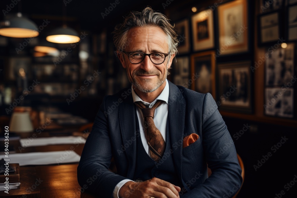A distinguished gentleman sits at a table, exuding confidence in his ...