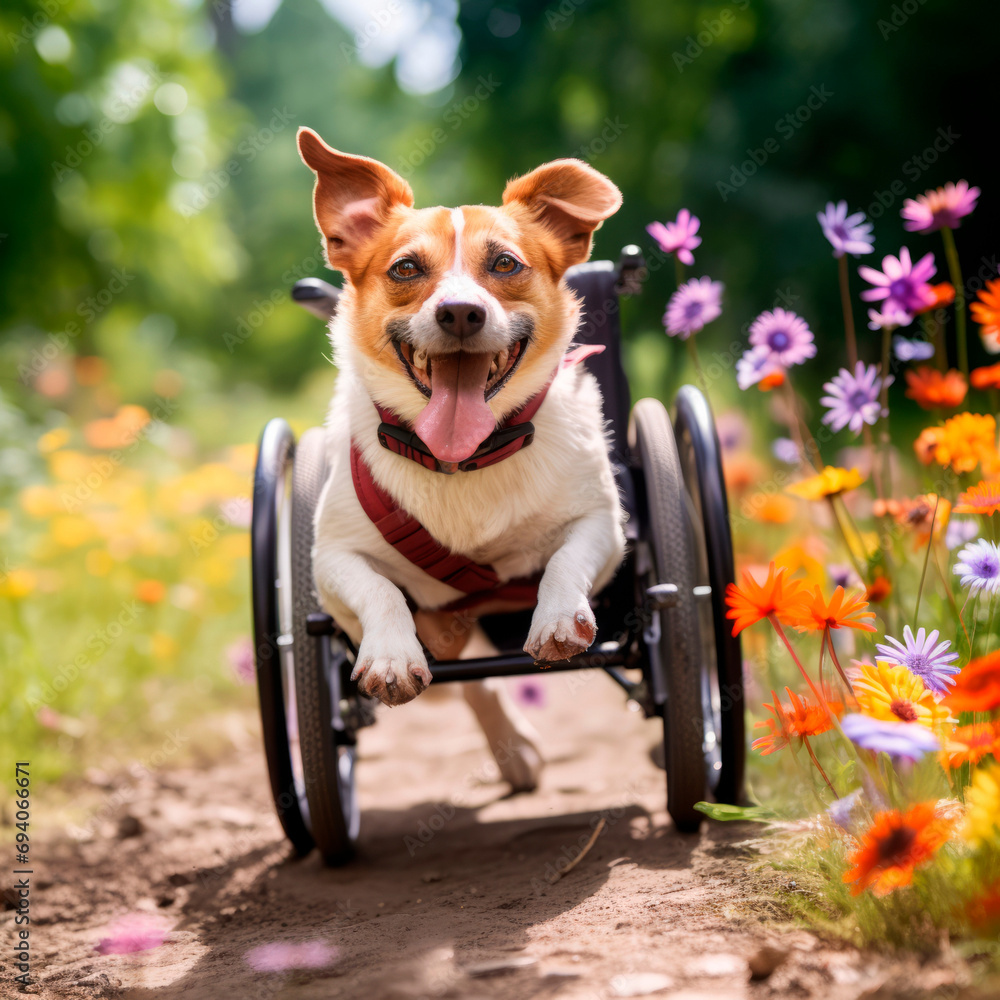 Disabled dog without paws in a wheelchair driving fast on the road ...