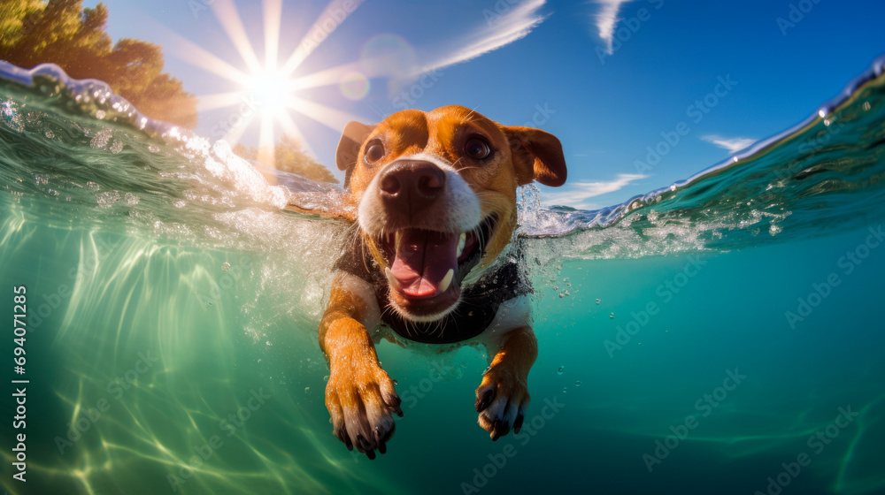 Smiling Rescue Dog swimming underwater in special suit, Portrait with ...