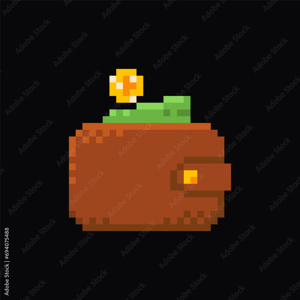Wallet pixel art icon, wallet with money 8-bit sprite. Isolated vector ...