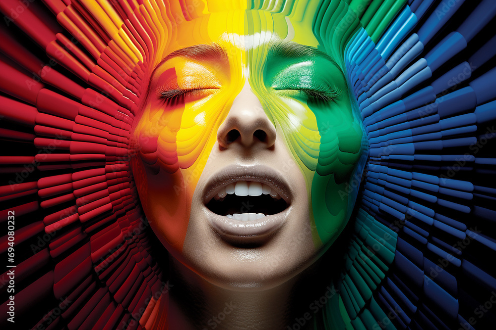 Woman face showcasing a spectrum of emotions arranged in a color wheel ...