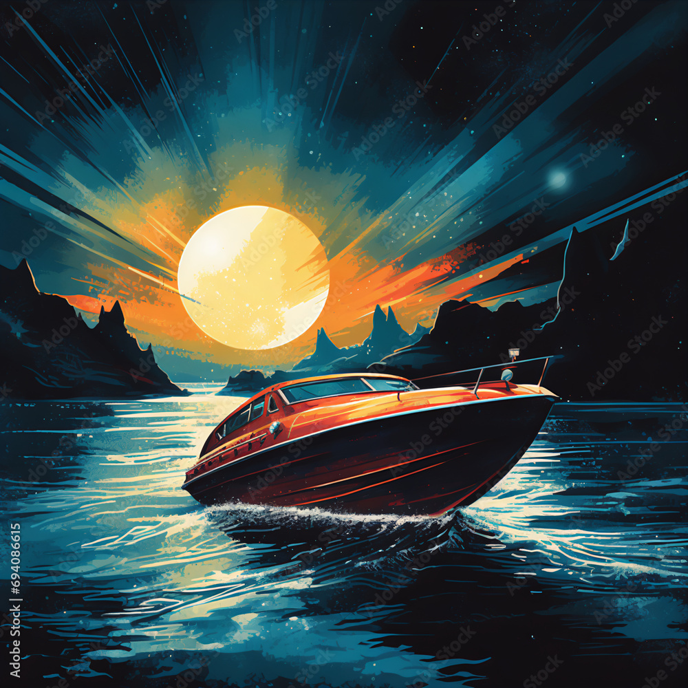 1950s Sci-Fi Inspired Retro Boat Painting with Bold Saturated Colors ...