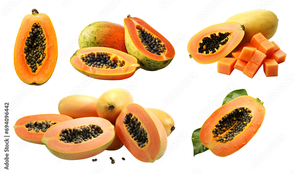Papaya fruit, many angles and view side top front sliced halved group ...