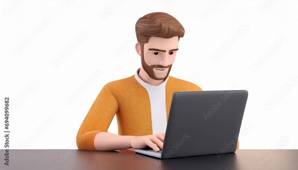 3d render character of a man hands typing keyboard on laptop computer ...