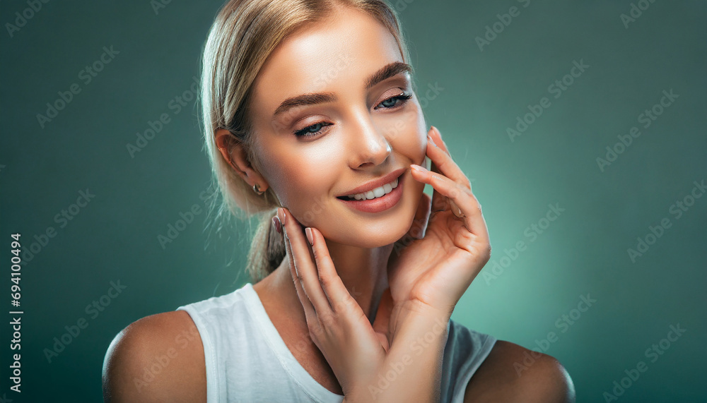 Beautiful Young Woman with Clean Fresh Skin touch own face. Facial ...