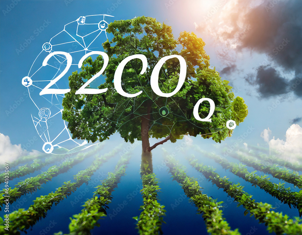 Reduce CO2 emissions to limit climate change and global warming. Tree canopy against oxygen O2 ...