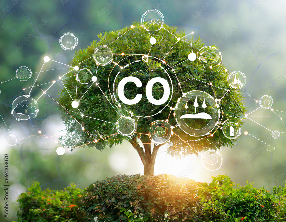 Reduce CO2 emissions to limit climate change and global warming. Tree canopy against oxygen O2 ...