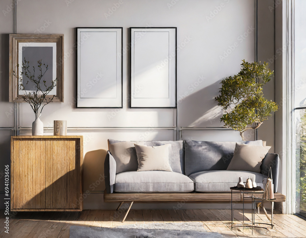 two poster frames mock up in living room interior mock up, gray sofa and wooden cupboard with ...