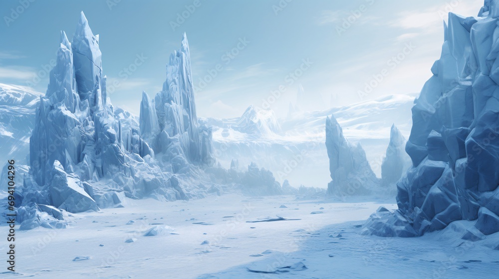 Icy alien landscape with crystal structures and a foggy atmosphere ...