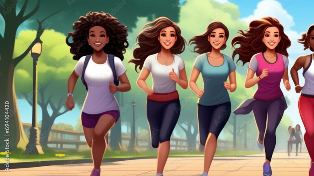 cartoon clipart group of diverse females jogging together in park Stock ...