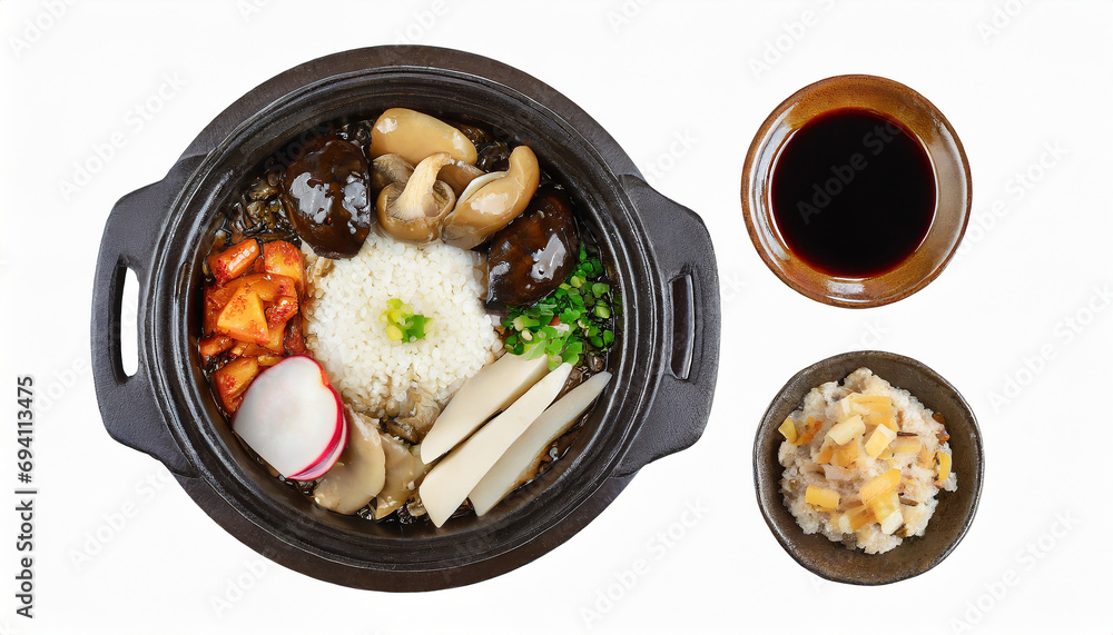 Korean food. Oyster hot stone pot rice with mushroom, jujube, sliced ...