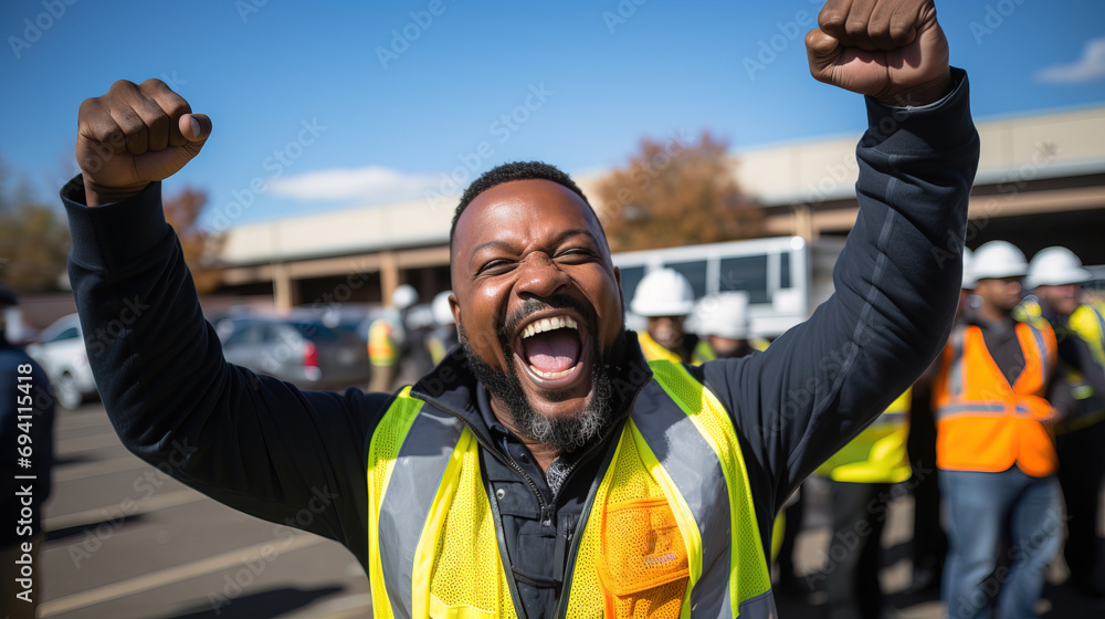 Exuberant construction worker with raised fist cheering in triumph at a ...