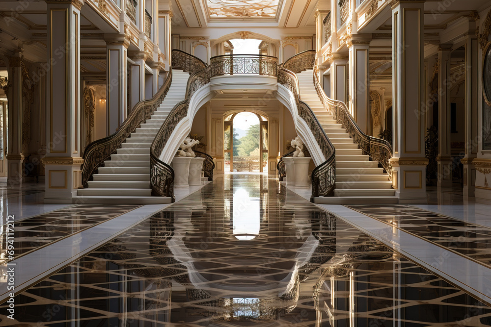 Grand palatial interior showcasing a luxurious double staircase with ...