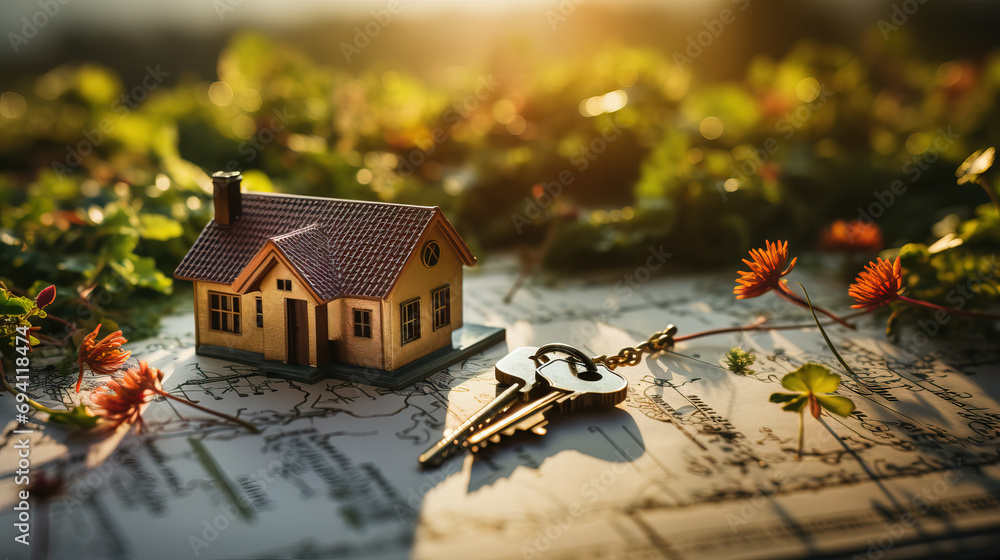 Miniature house with keys on a map in a natural setting with warm ...