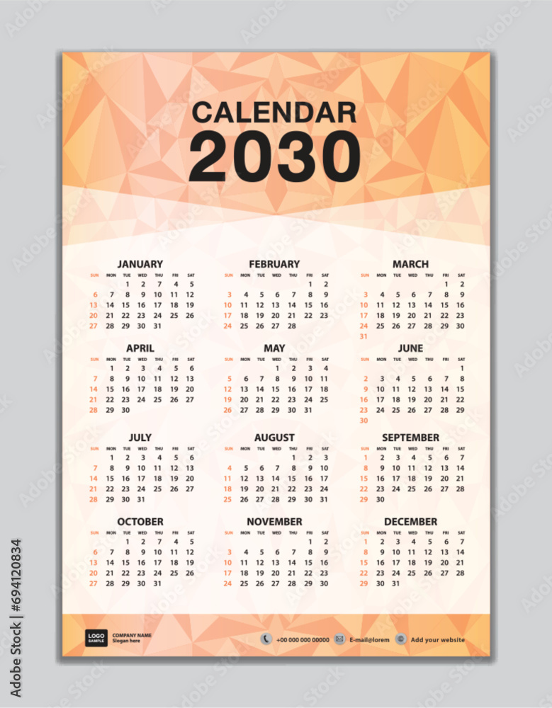Wall calendar 2030template on orange polygon background, calendar 2030 ...