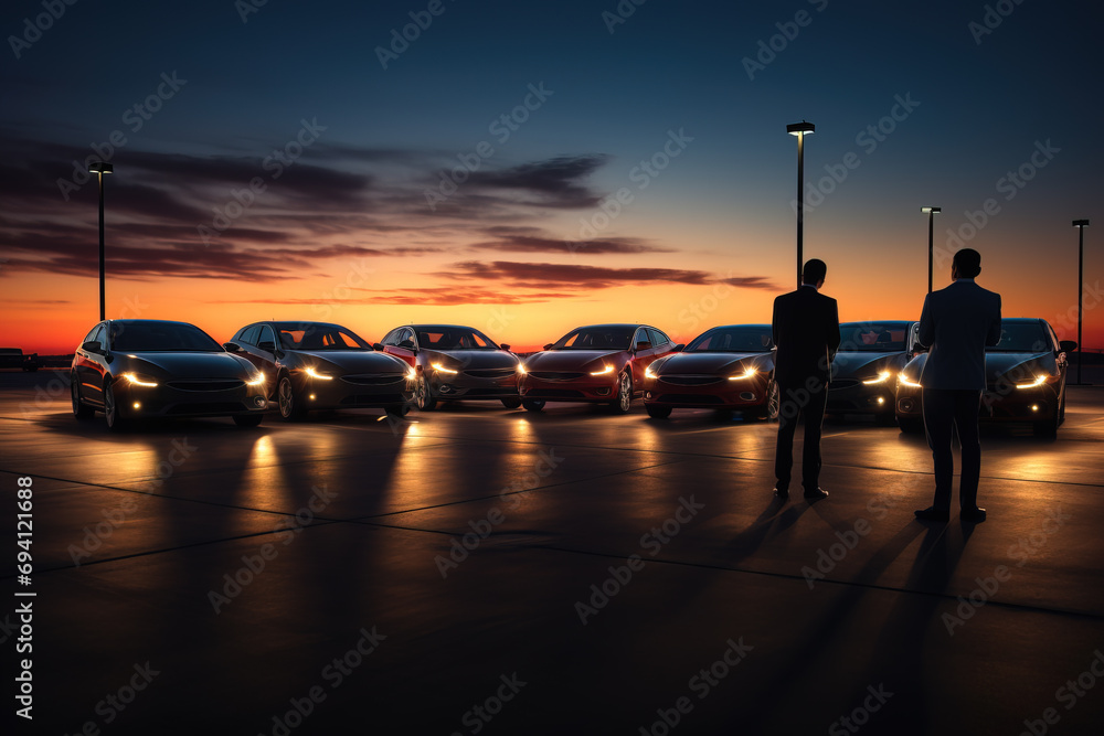 Two men at a car dealership parking lot with a lineup of sleek cars ...