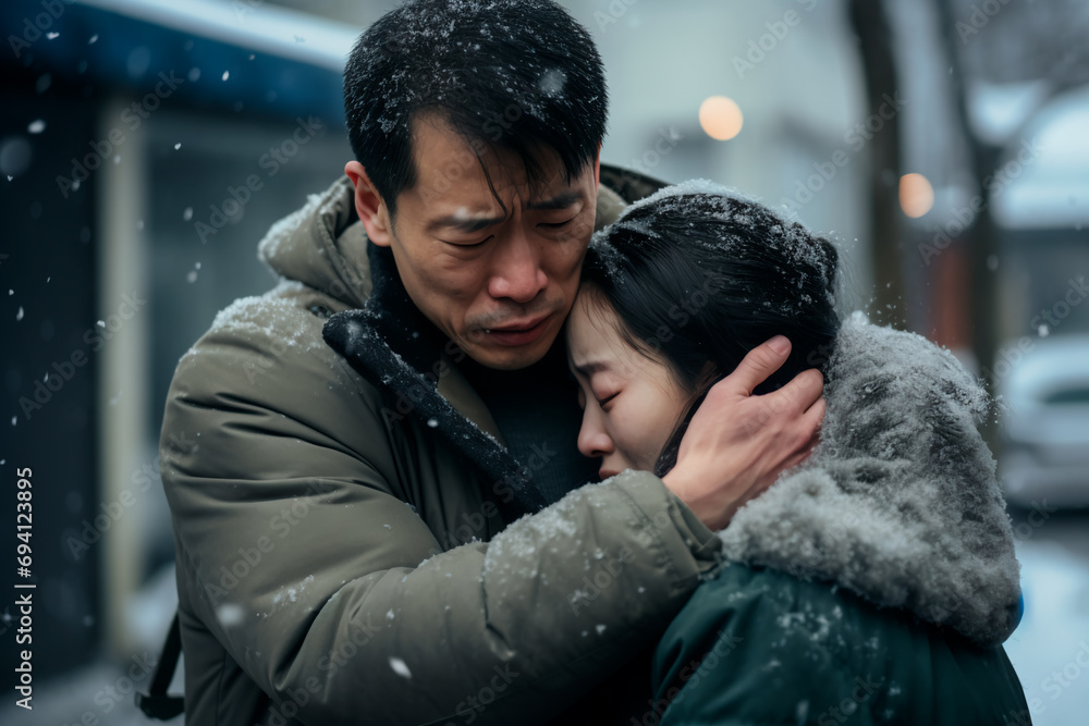 Family couple in arms and grief crying . A loving couple in each other ...
