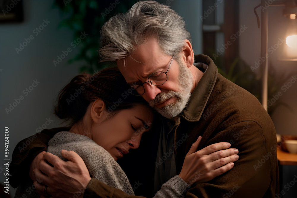 Family couple in arms and grief crying . A loving couple in each other ...