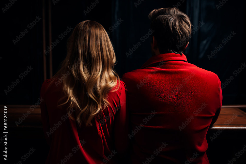 Couple against dark background, backs touching, symbolizing ...