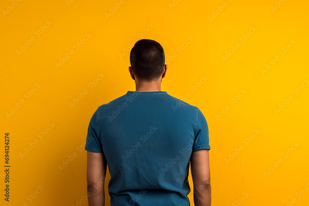 Back of a man on an isolated colored background. Back view of a man on ...