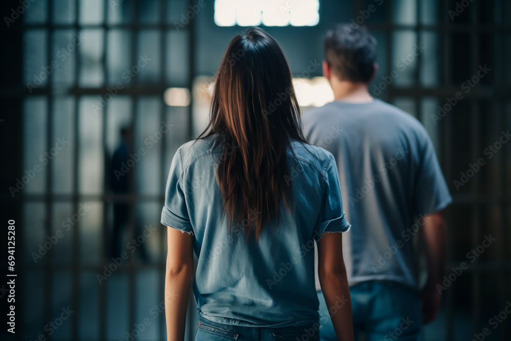 Incarcerated woman and prison man entering a prison cell, seen from ...