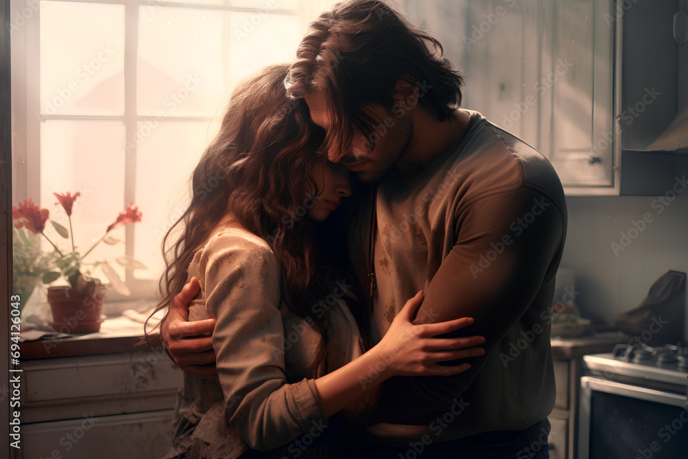 Family couple in arms and grief crying . A loving couple in each other ...