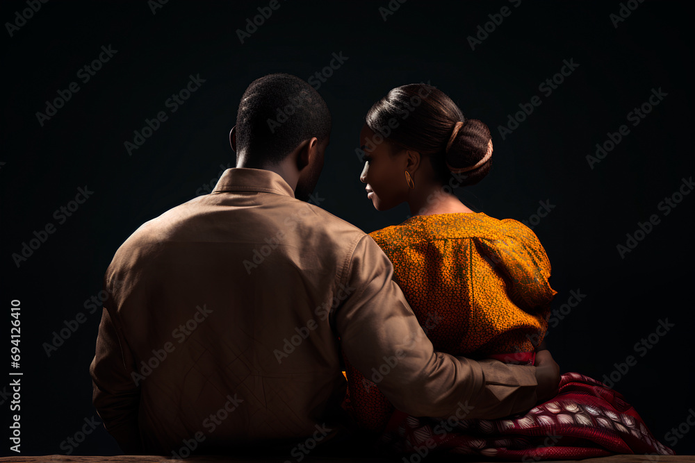 Couple against dark background, backs touching, symbolizing ...