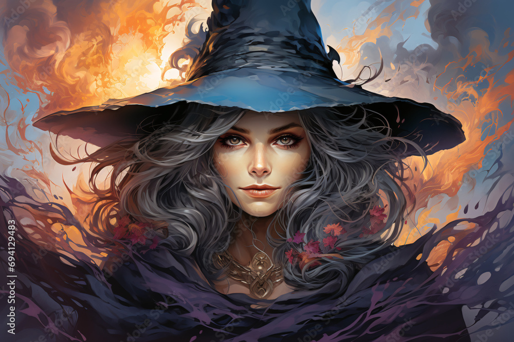 A beautiful witch girl in a hat with a large brim. A sorceress, a ...