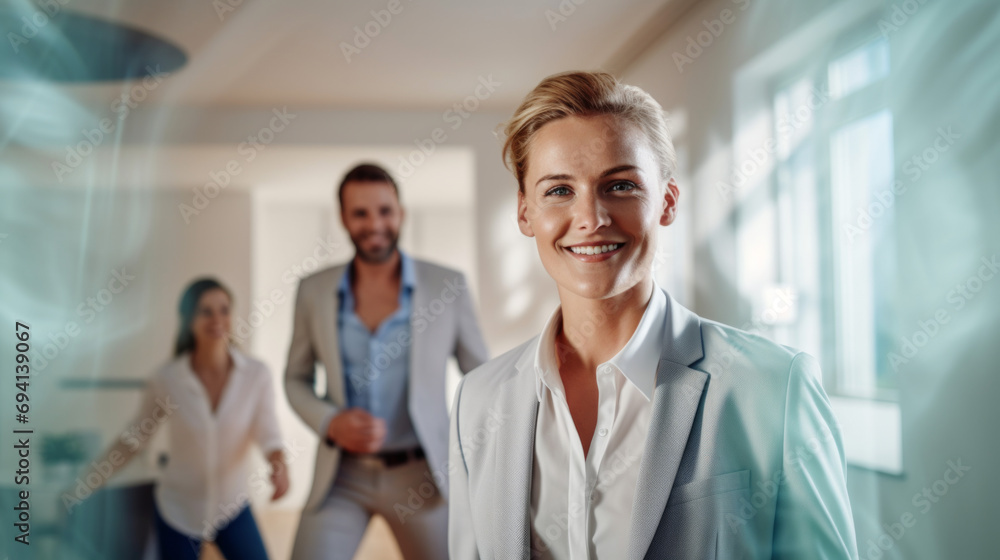 Real estate agent show the new house and blurred happy clients on the ...