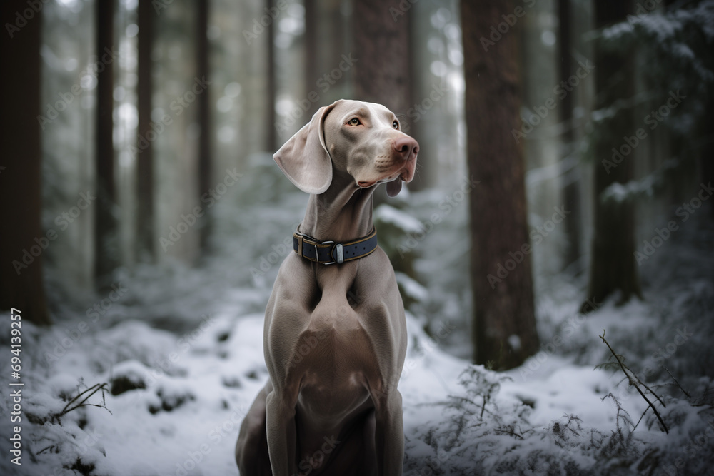 Un chien de race braque de Weimar est assis dans une forêt enneigée ...