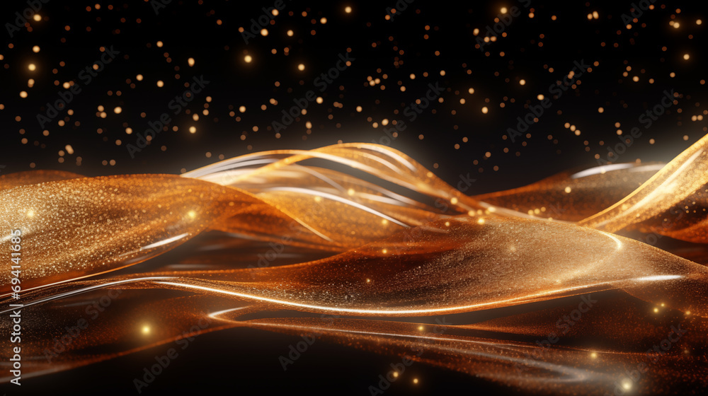 Gold sparkling lines moving, glimmering transformation. Black ...