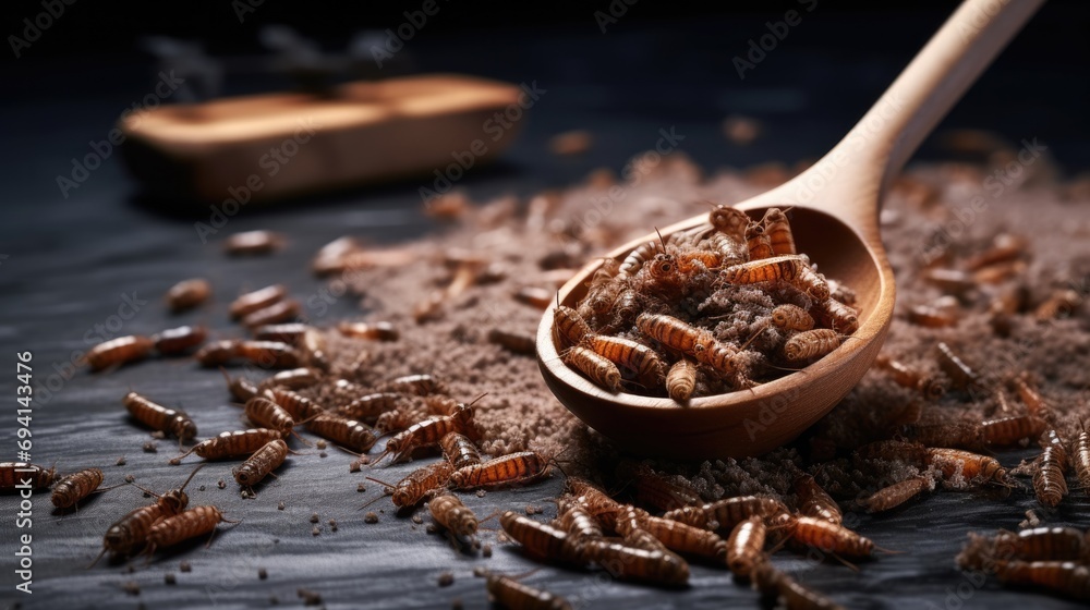 Delicious Mealworms and Flour on Grey Granite Table. Edible Protein Ingredients for Food ...