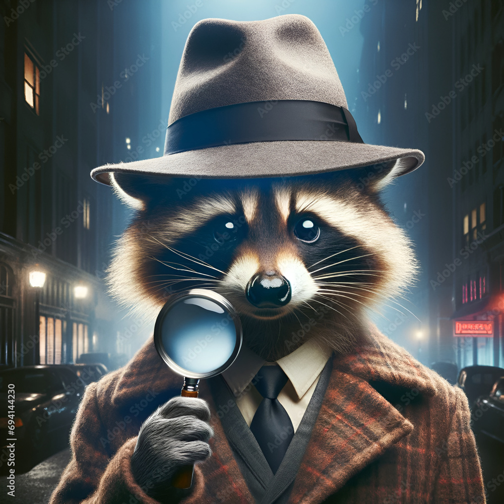 Raccoon detective in hat with magnifying glass, night city detective ...