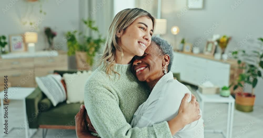 Elderly woman, caregiver and hug in home, care and bonding together in ...