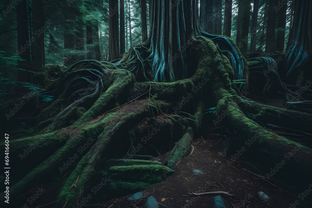 Spooky Halloween dead mysterious forest creepy trees with twisted roots ...