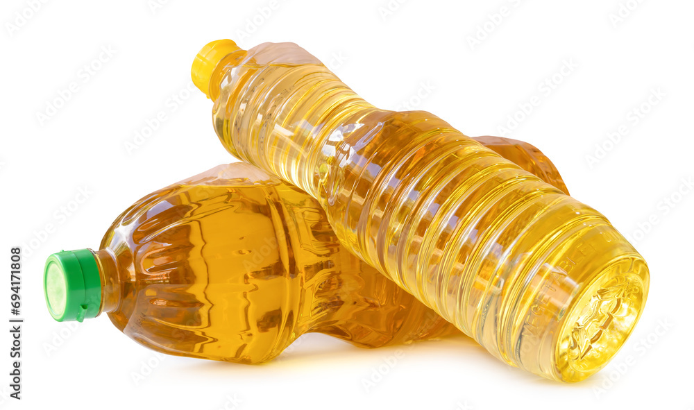 Two bottles of yellow cooking vegetable oil in stack isolated on white ...