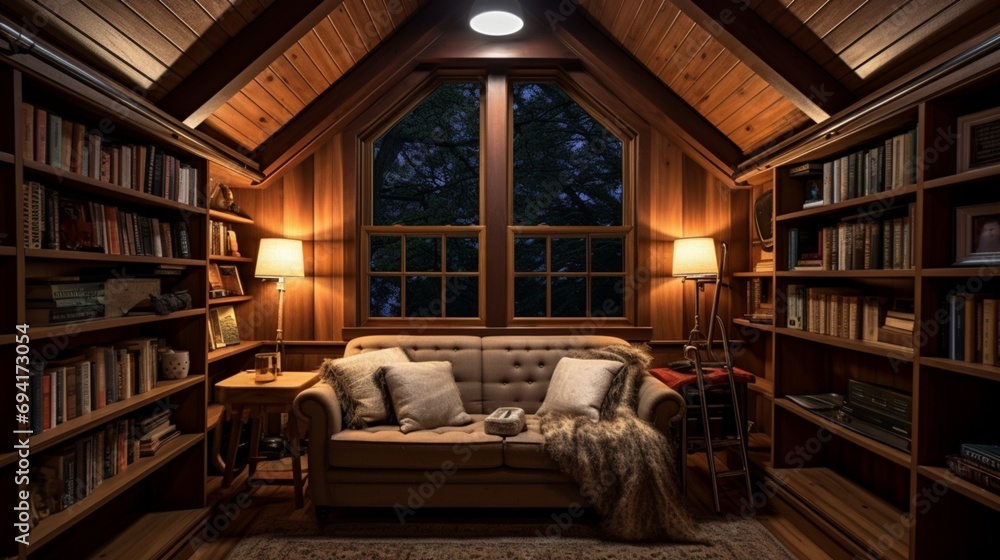 Cozy home library with a shed ceiling design, featuring built-in ...