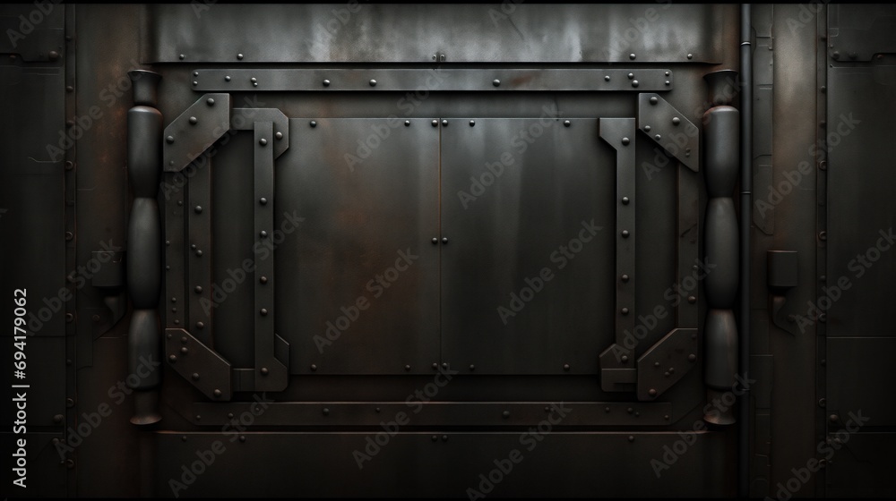 A fortified metal door with industrial reinforcements, riveted joints ...