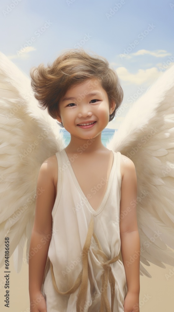 A joyful girl with big white angel wings happily poses on the beach in ...