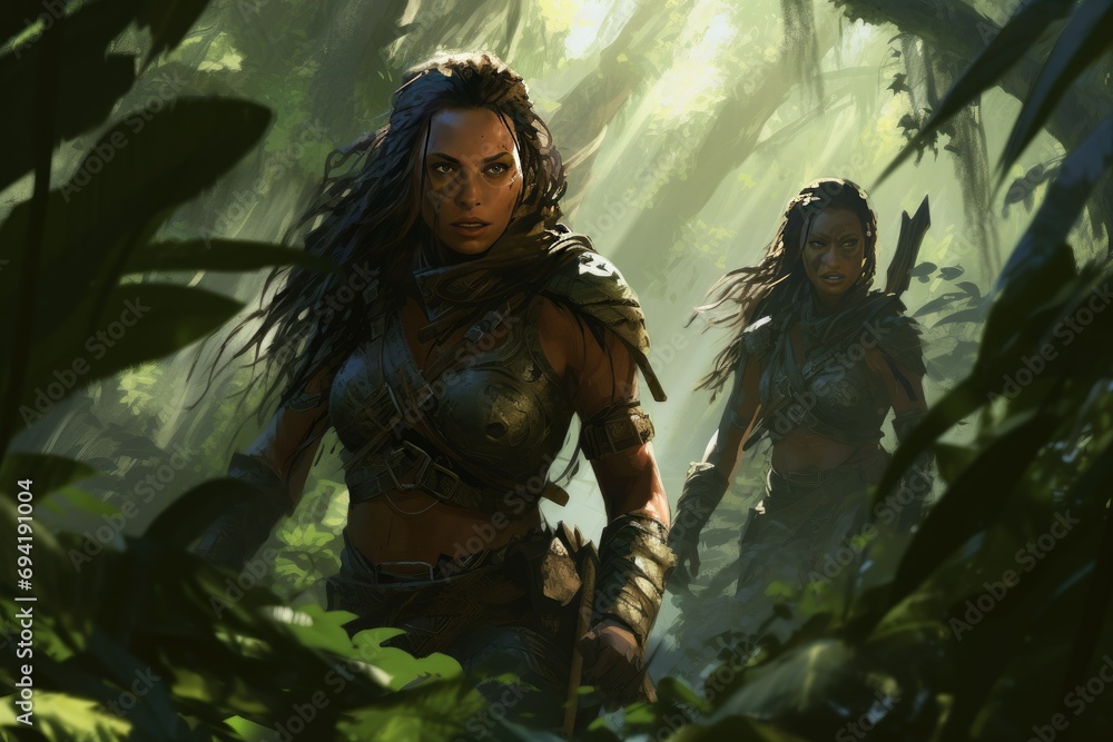 Female warrior in the jungle, female warrior in the ancient forest full ...