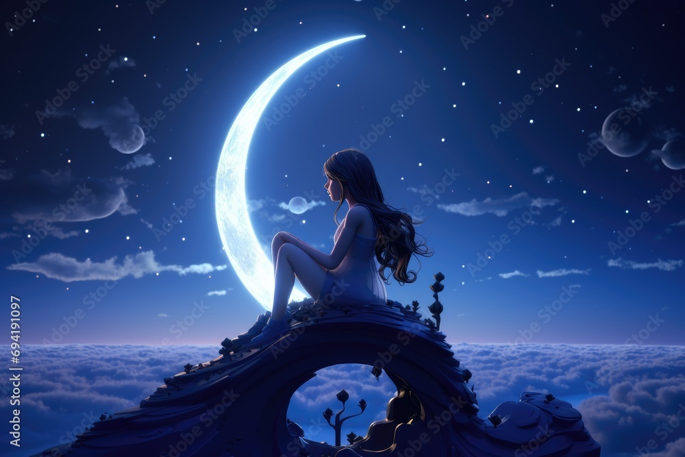 The girl sitting on the moon, the dreamy and imaginative back view of ...