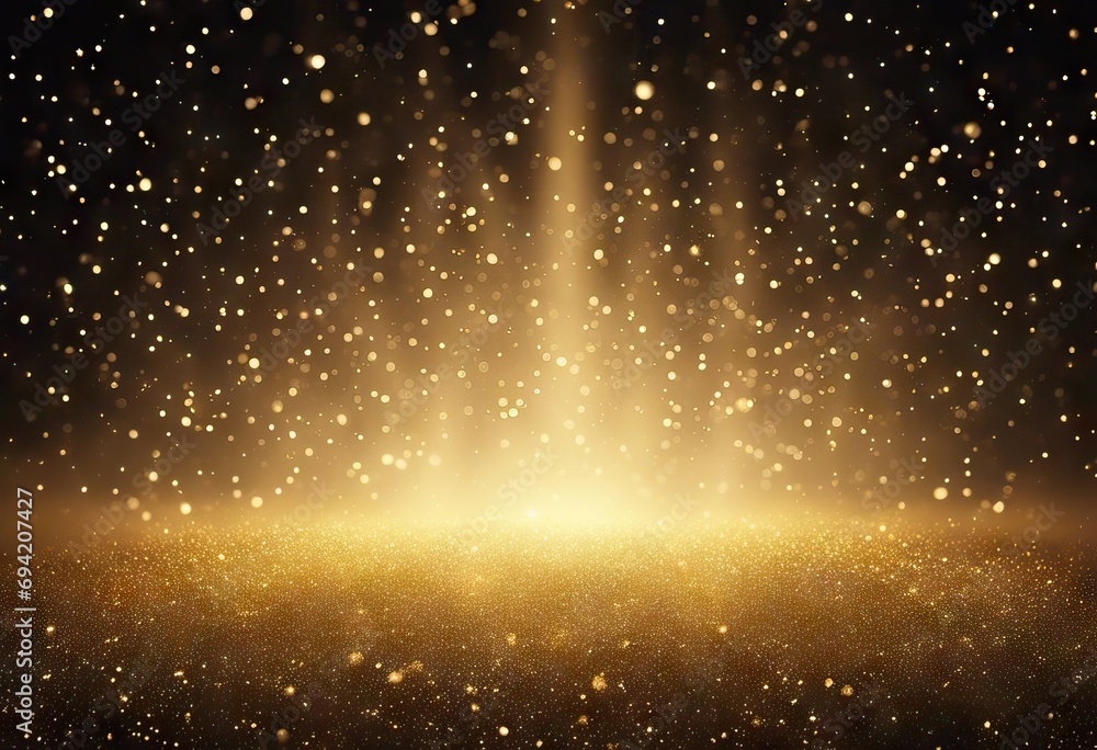 Golden particles in the rays of light on a black background for use ...