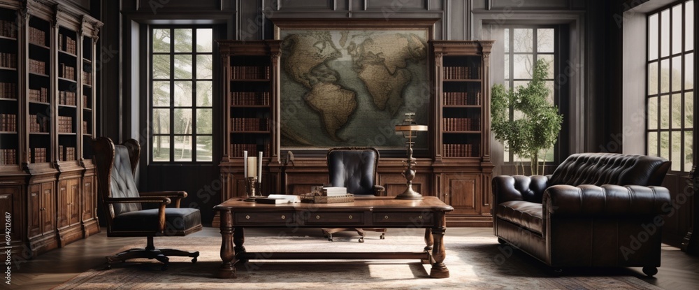 Craft an image of an Austrian-inspired study with dark wood furniture ...