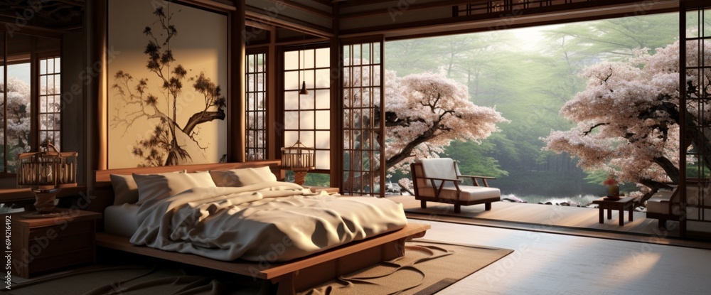 Imagine a Japanese-themed bedroom with sliding doors, a low platform ...