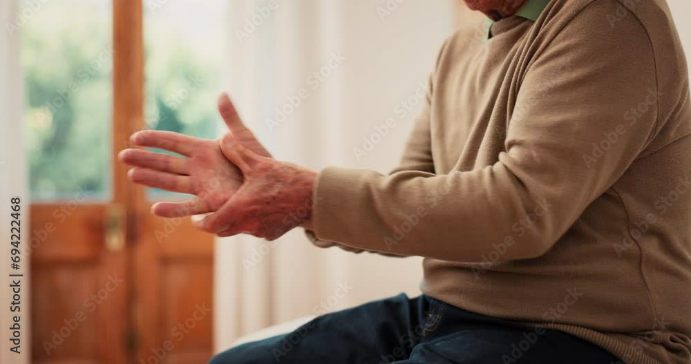 Senior man with disability, hands and pain of wrist from parkinson ...