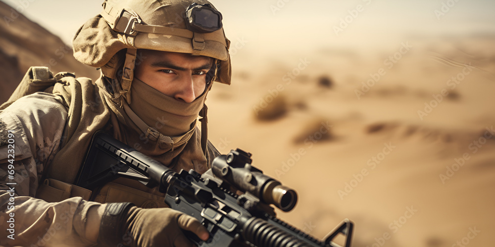 Military soldier controls the enemy positions in the mission of enemy ...