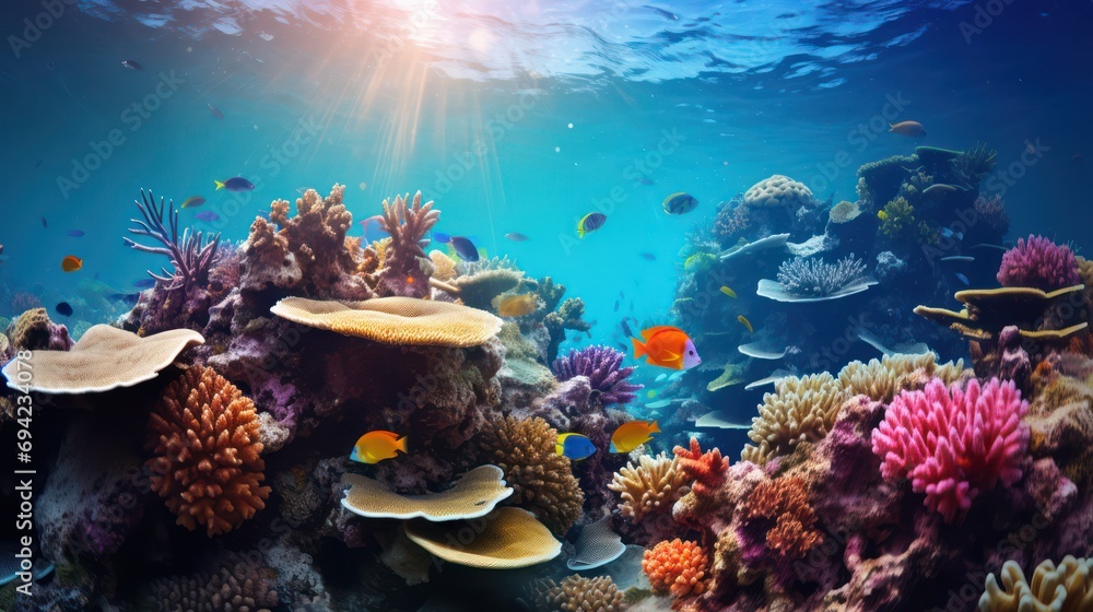 Photo of coral reefs in shallow seas, filled with marine plants and ...
